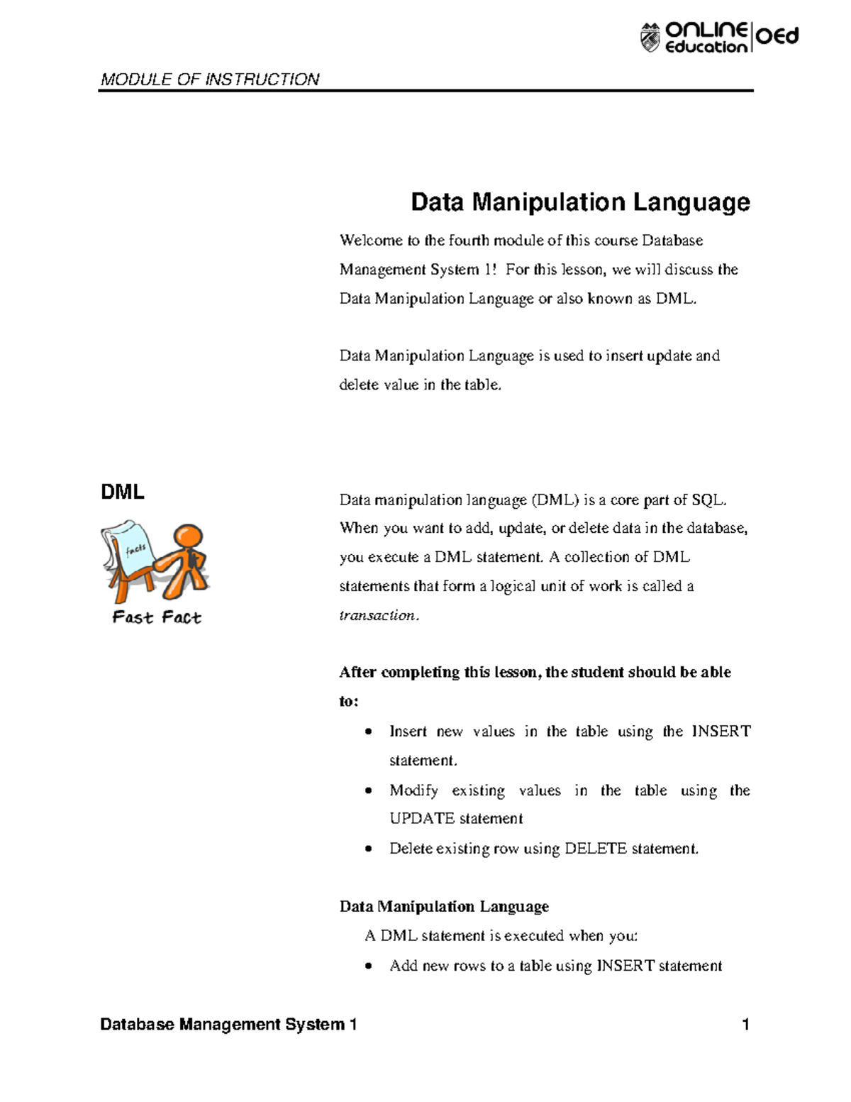 Week004-Module - anonymous - MODULE OF INSTRUCTION Database Management ...