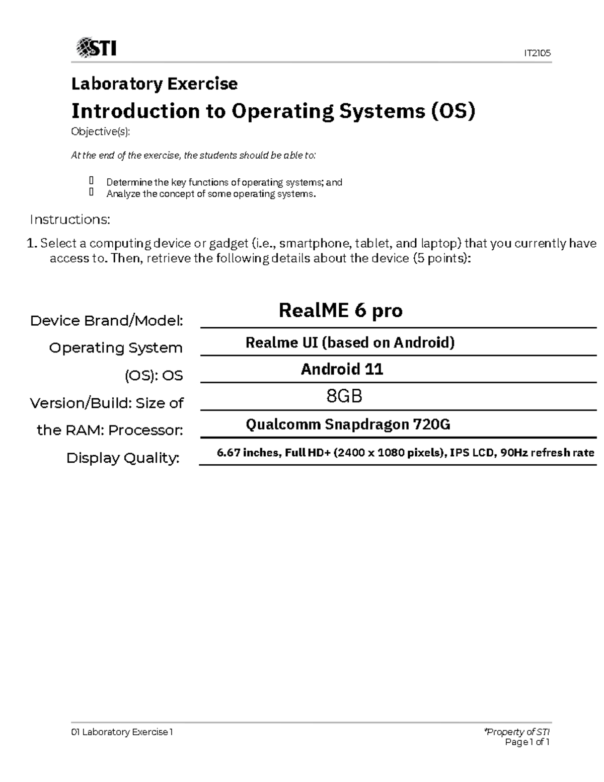 01 Laboratory Exercise 1 - 01 Laboratory Exercise 1 Device Brand/Model ...