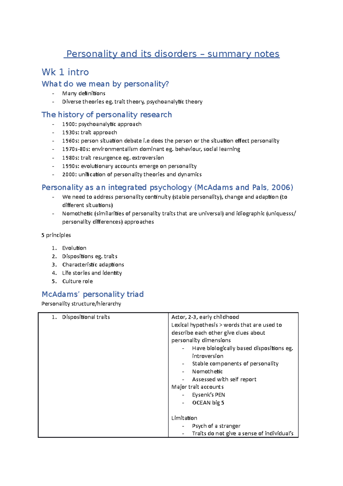 Personality and its disorders summary notes final - Personality and its ...