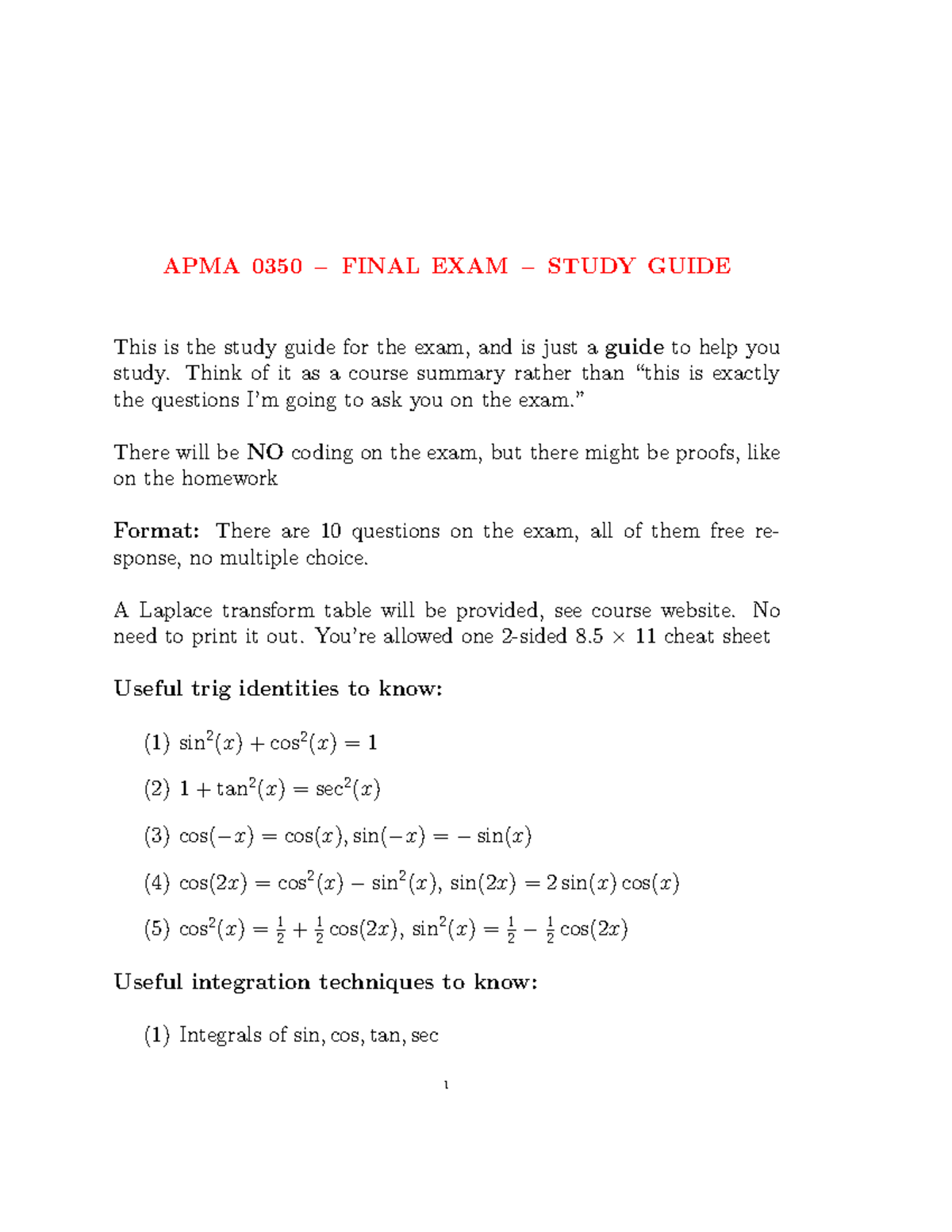 APMA 0350 Final Exam Study Guide - This is the study guide for the exam ...