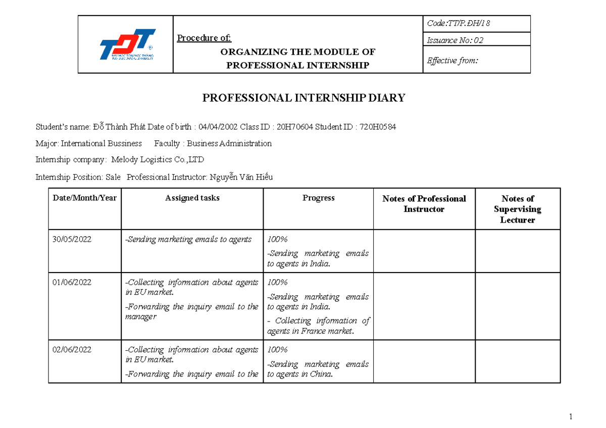 2 - NHẬT KÝ THỰC TẬP- Professional Internship Diary-2 - Procedure of ...