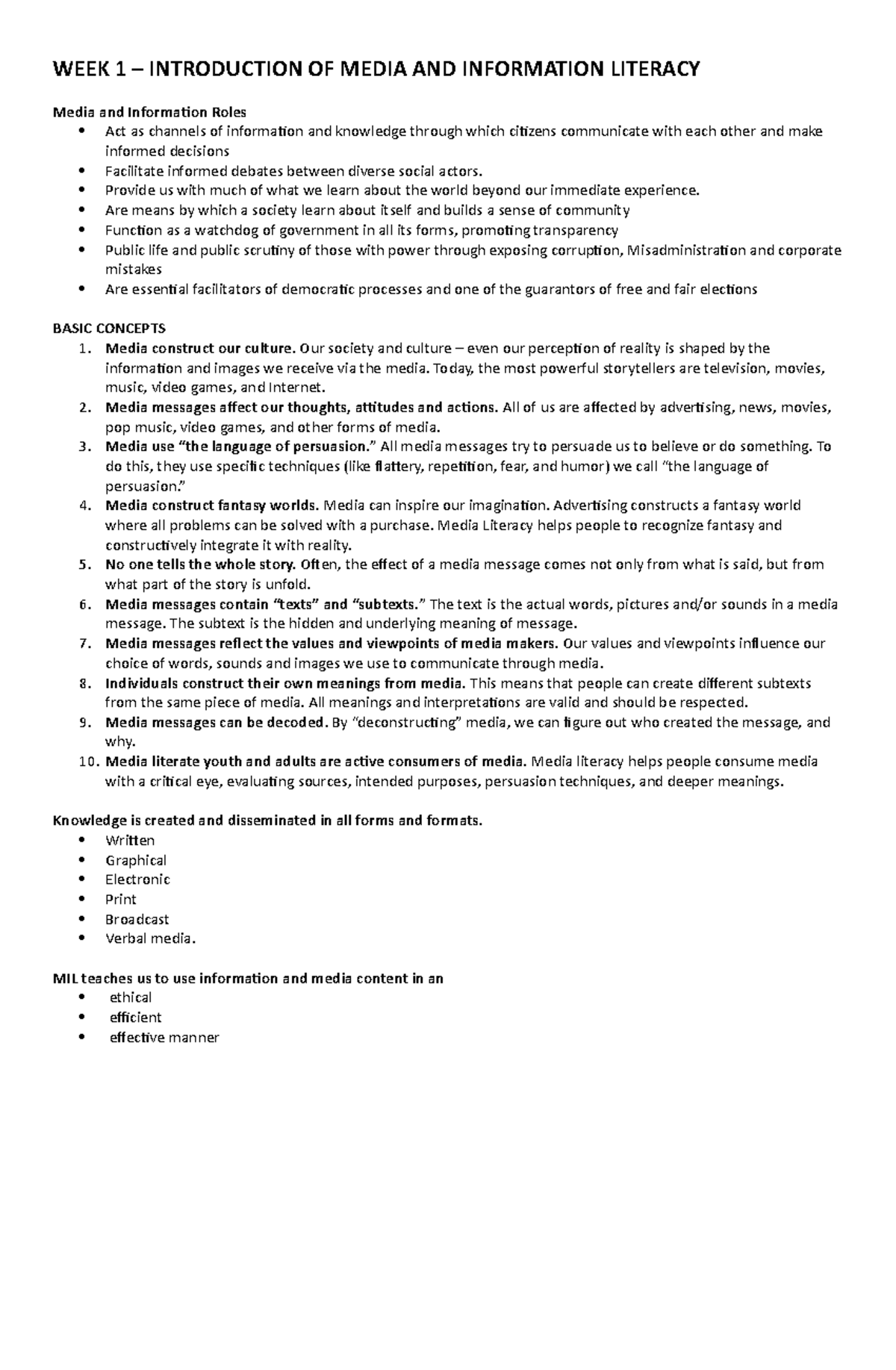 MIL- Notes - Media and Information Literacy - WEEK 1 – INTRODUCTION OF ...