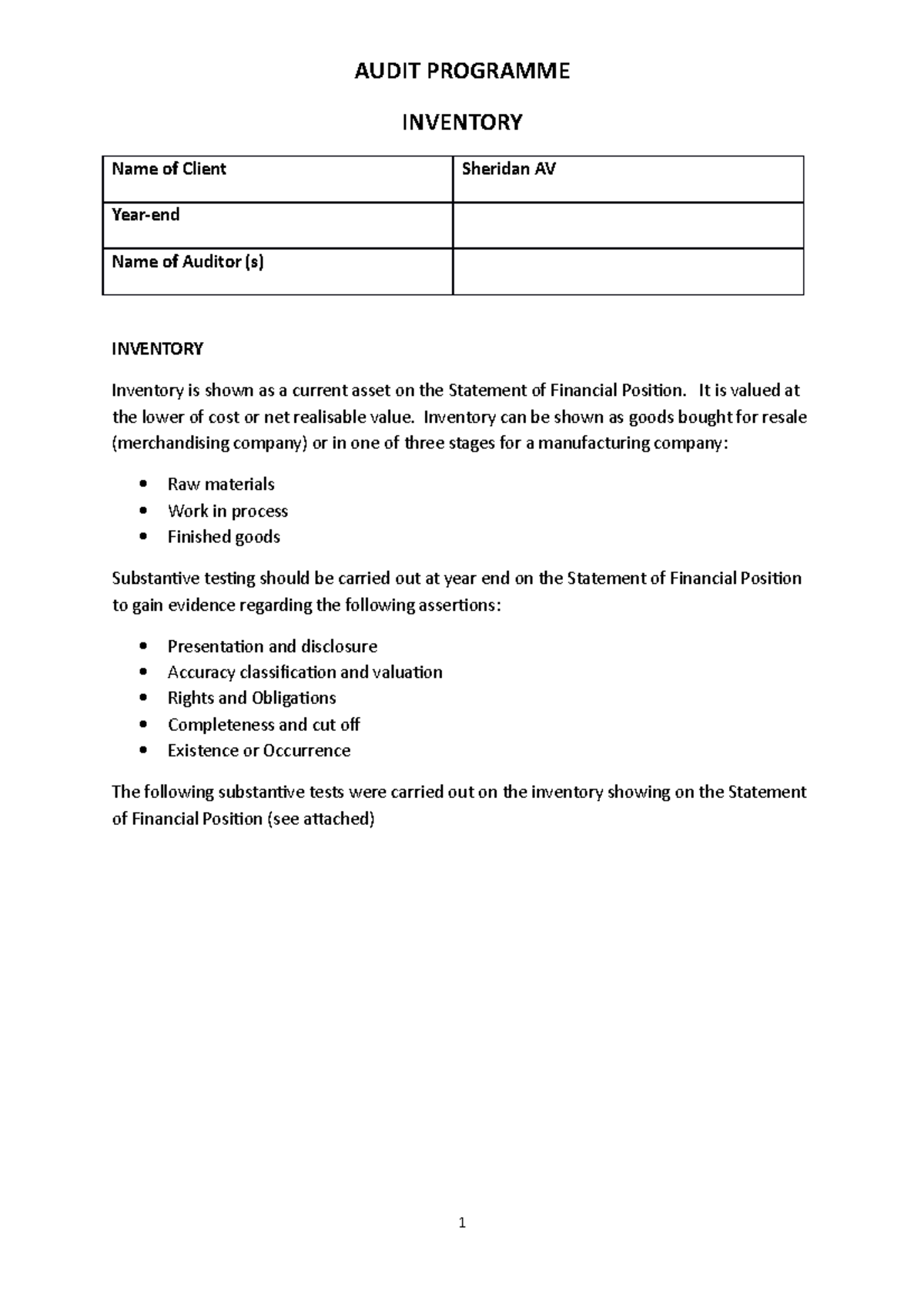 Inventory audit programme v2 - AUDIT PROGRAMME INVENTORY Name of Client Sheridan AV Year-end ...
