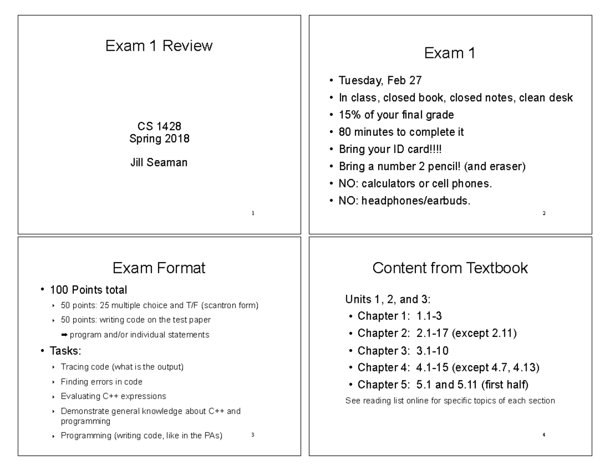 Exam 1 Review - CS 1428 - Exam 1 Review CS 1428 Spring 2018 Jill Seaman ...