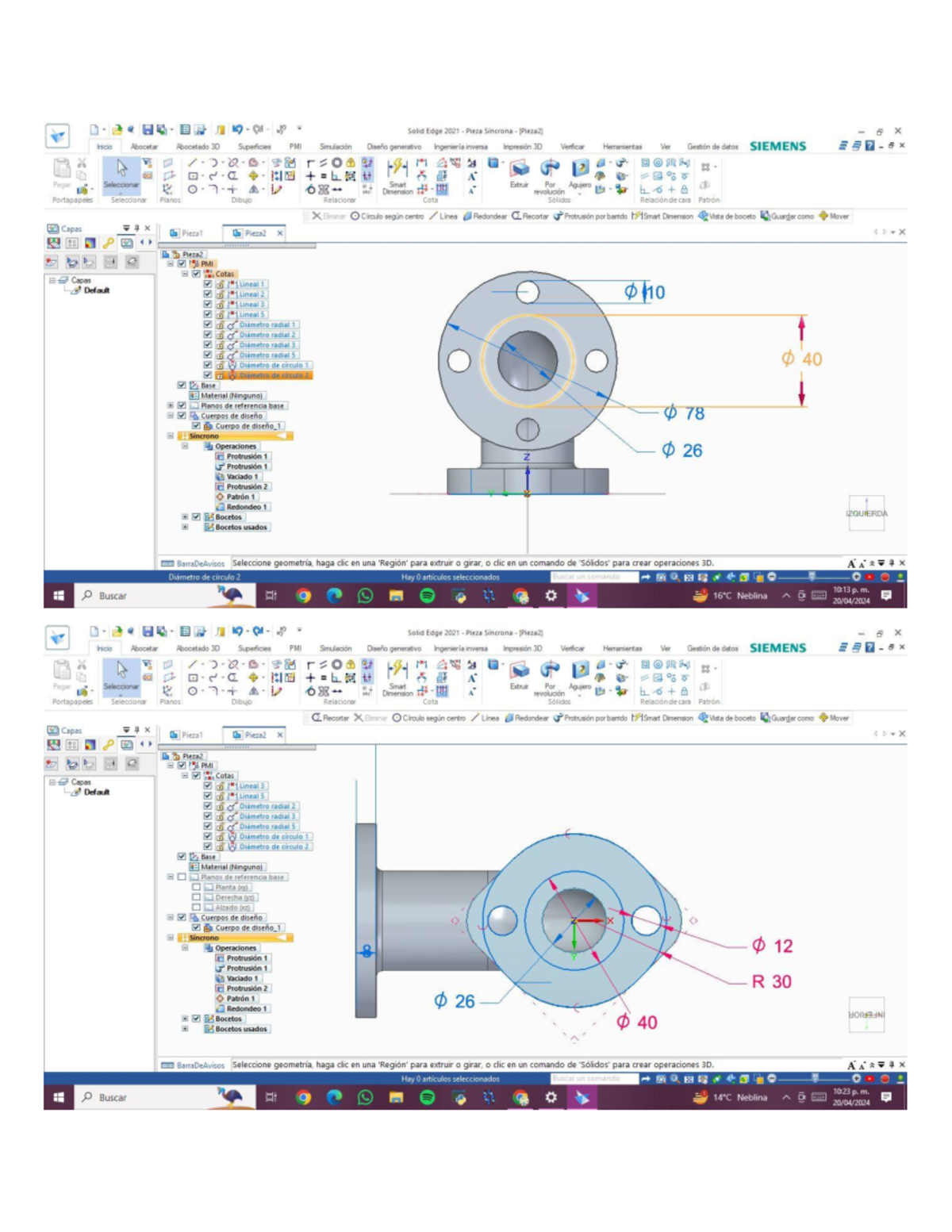 Actividad 11 dibujo - Solid Edge 2021 Pieza Sincrona Inicio Abocetar Abocetado 3D Superficies ...