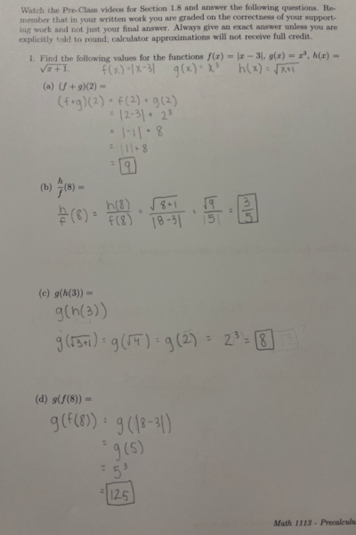 Preclass 1 - Precalculus pre class worksheet 1.8 - MATH 1113E - Studocu