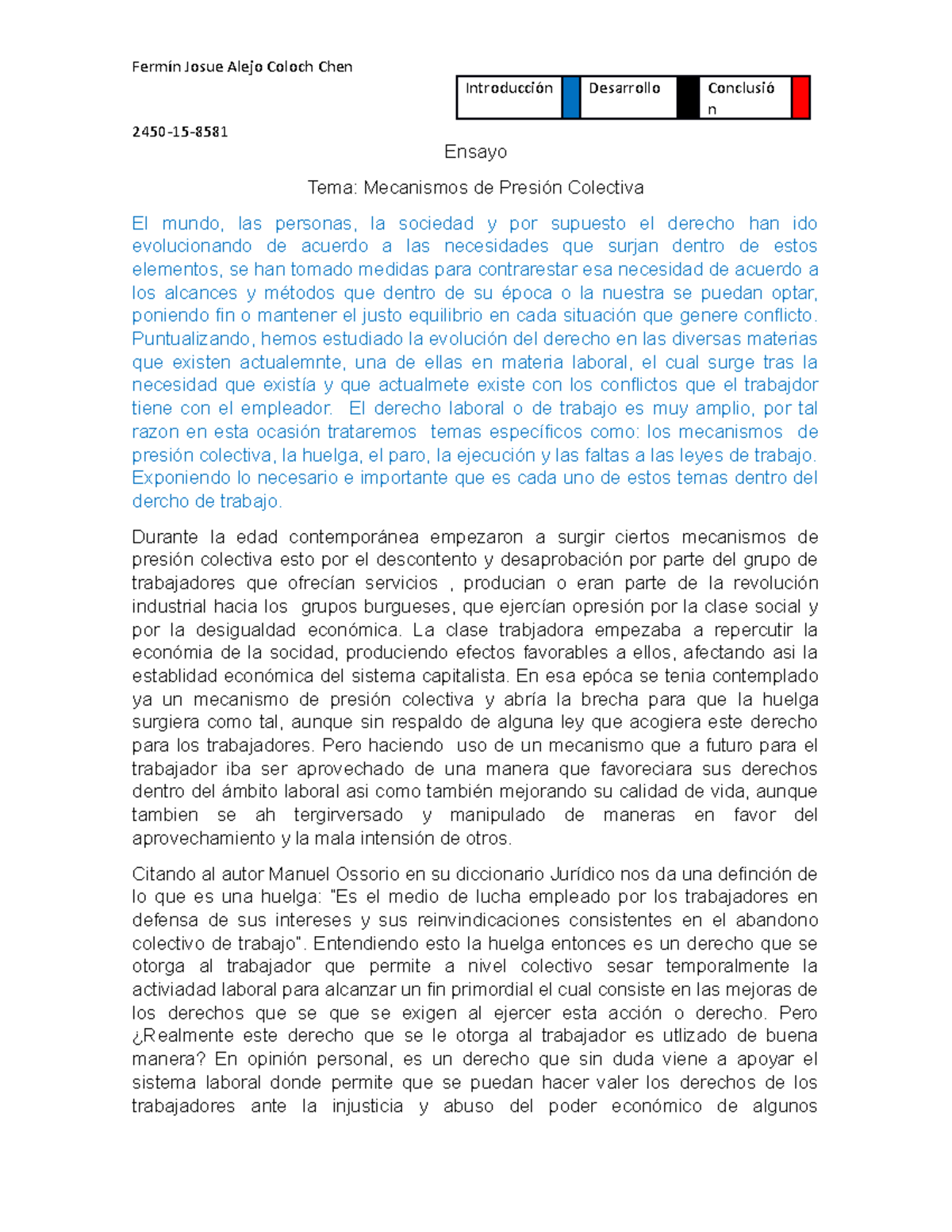 Ensayo Laboral - Fermín Josue Alejo Coloch Chen Introducció n ...