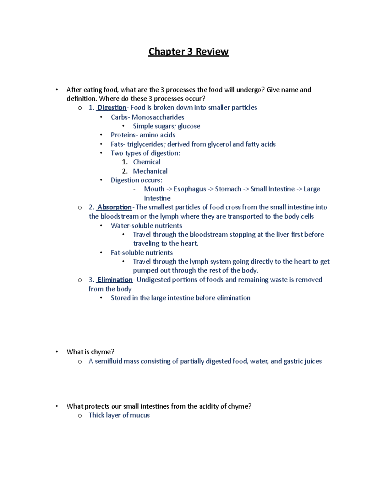 Chapter 3 Review - Chapter 3 Review After eating food, what are the 3 ...
