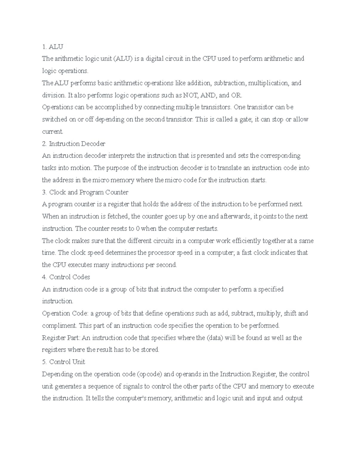 Programming Assignment Unit 5 - 1. ALU The arithmetic logic unit (ALU ...