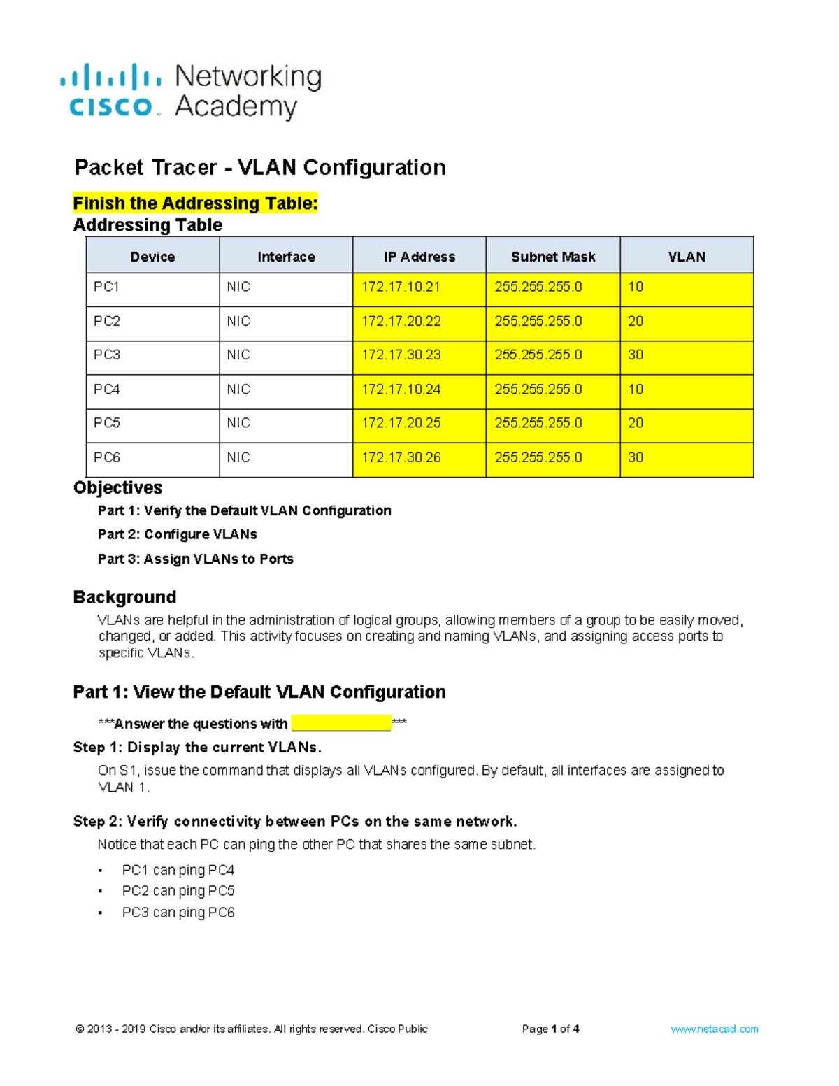 Packet Tracer - VLAN Configuration - 17.10 255.255.255 10 PC2 NIC 172. ...