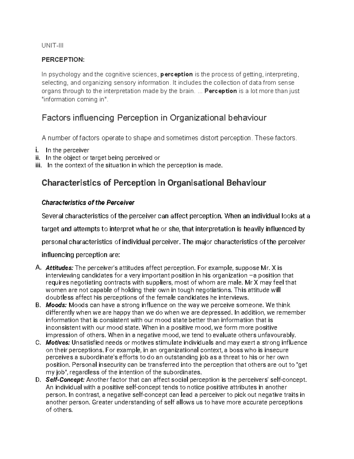 1ST BBA Organizational Behaviour - UNIT 3 Notes - UNIT-III PERCEPTION ...