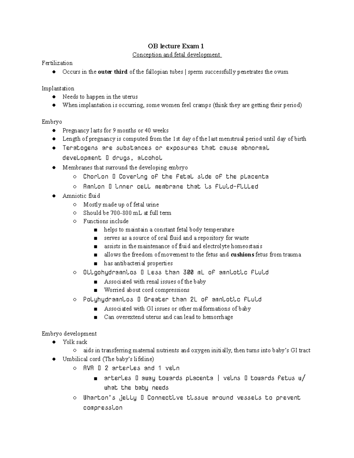 OB lecture exam 1- conception and fetal development - OB lecture Exam 1 ...