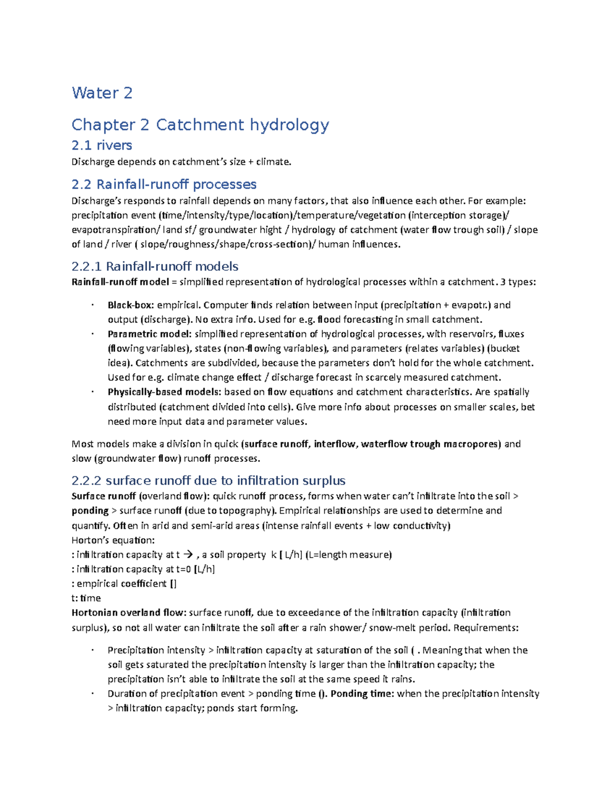 Water summary - Water 2 Chapter 2 Catchment hydrology 2 rivers ...