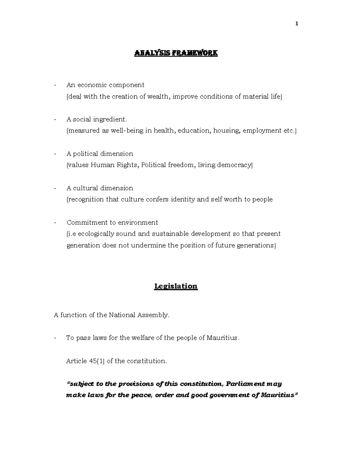 Analysis Framework - Legislative - Analysis Framework An economic ...
