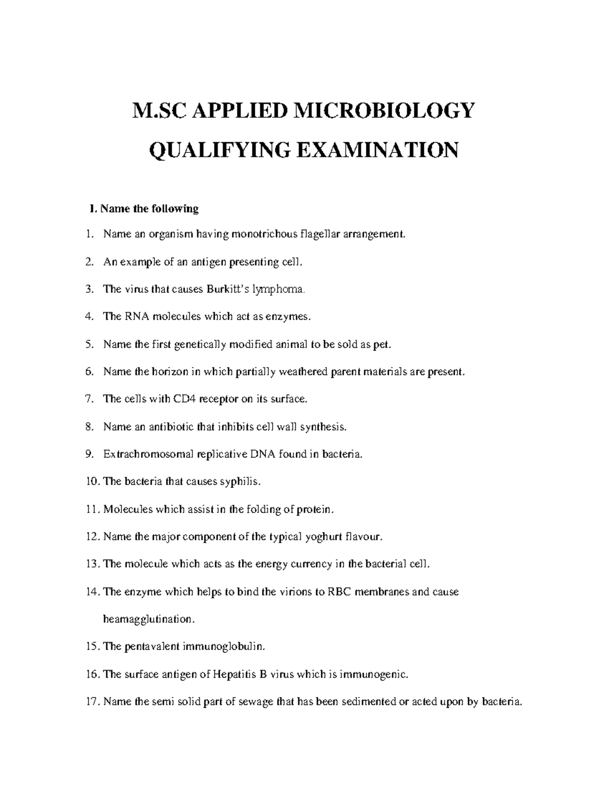 Questions for Qualifying Examination in M.sc Applied Microbiology ...