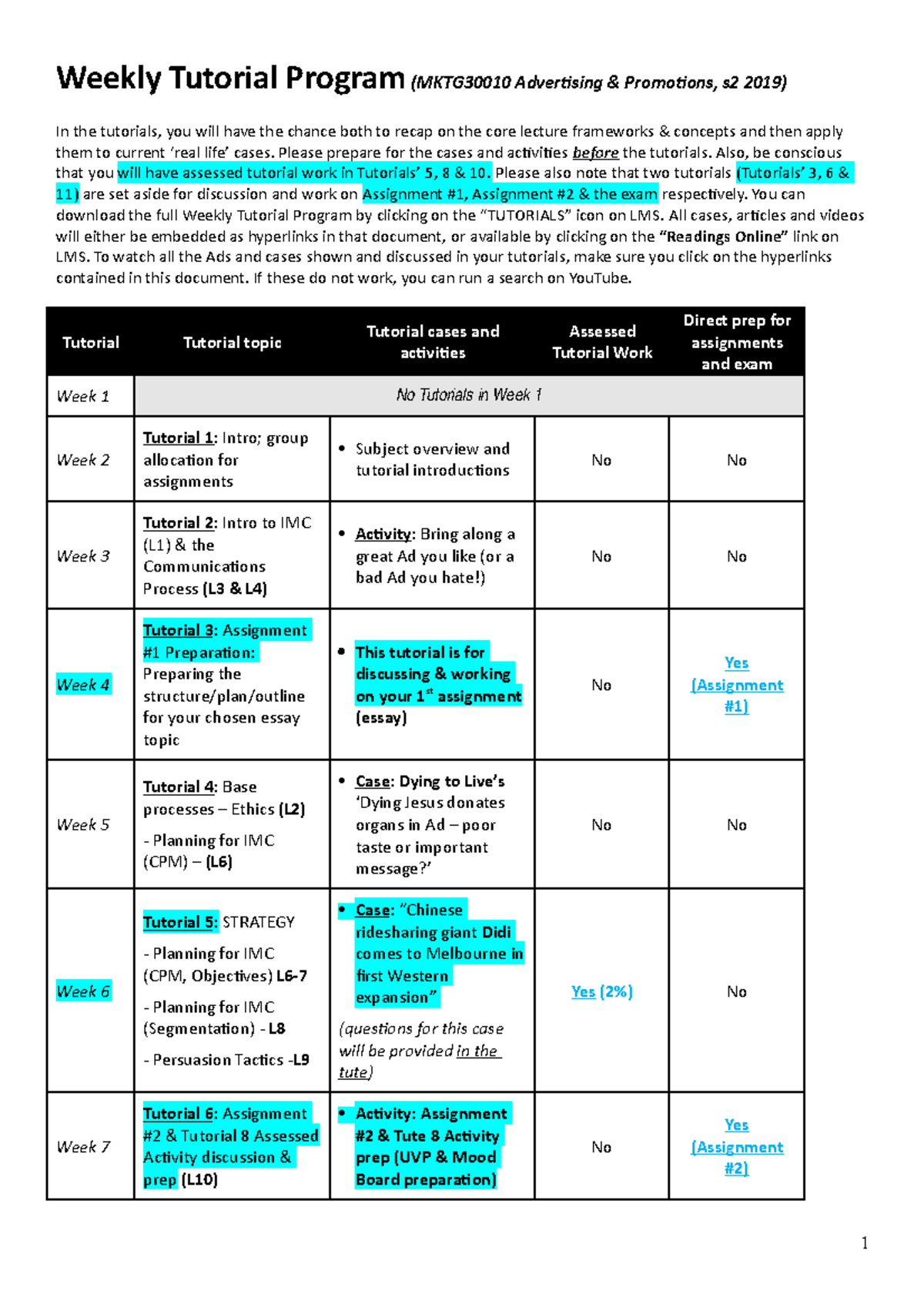 2019 s2 - Weekly Tutorial Program (MKTG30010 A&P) - LMS - Weekly ...