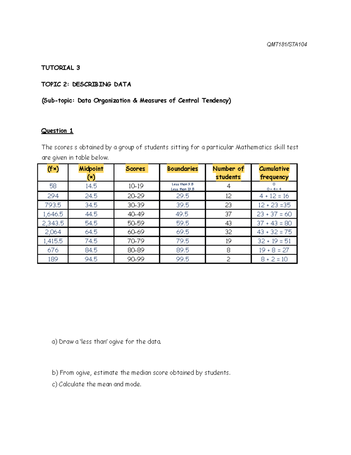 QMT181 - course work - QMT181/STA TUTORIAL 3 TOPIC 2: DESCRIBING DATA ...