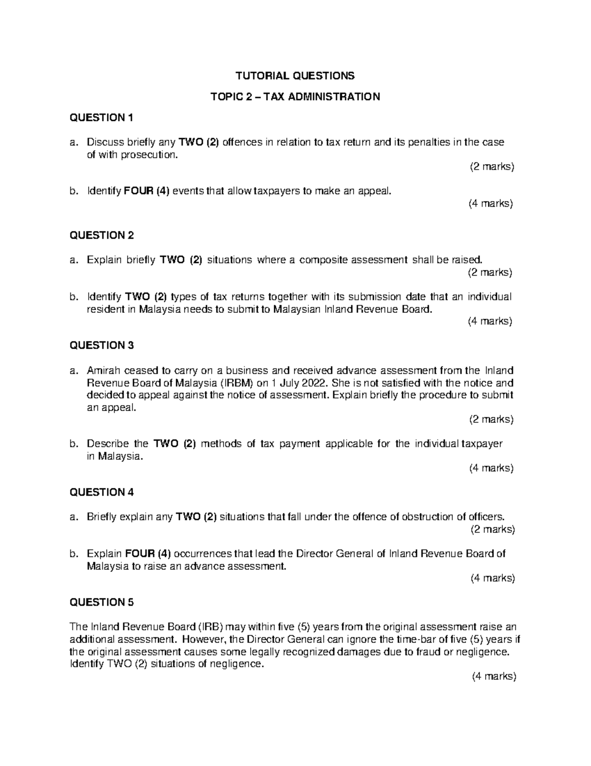 Tutorial Q Chapter 2 - Tax Administration - TUTORIAL QUESTIONS TOPIC 2 ...