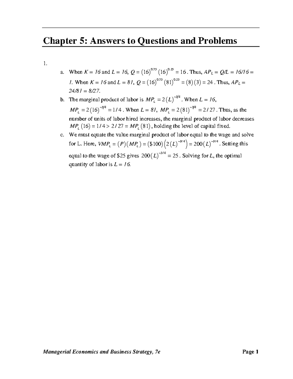 Chap005 - Solution - Managerial Economics and Business Strategy, 7e Page 1 Chapter 5: Answers to ...