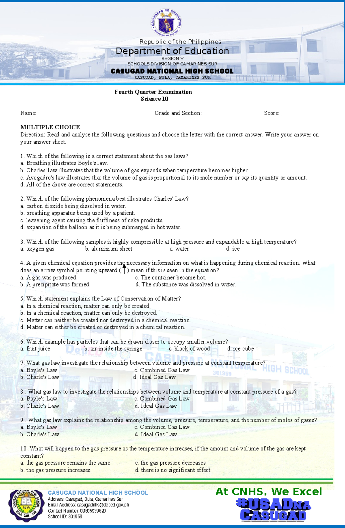 Science 10 Exam 4th Q - Dsssss - CASUGAD NATIONAL HIGH SCHOOL At CNHS ...