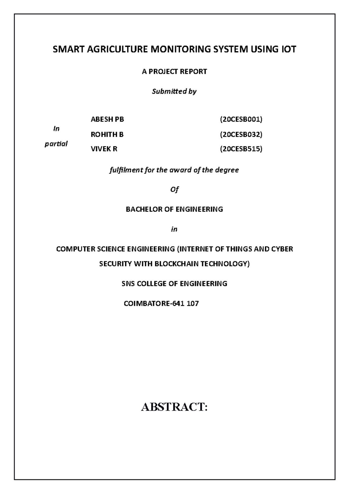 Smart agriculture using IOT - Report - SMART AGRICULTURE MONITORING SYSTEM USING IOT A PROJECT ...