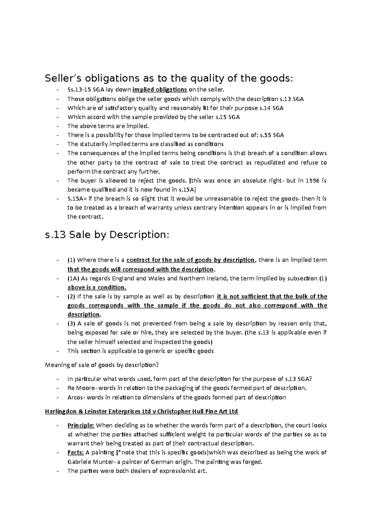 S.13 reading - Lecture notes - Seller’s obligations as to the quality ...