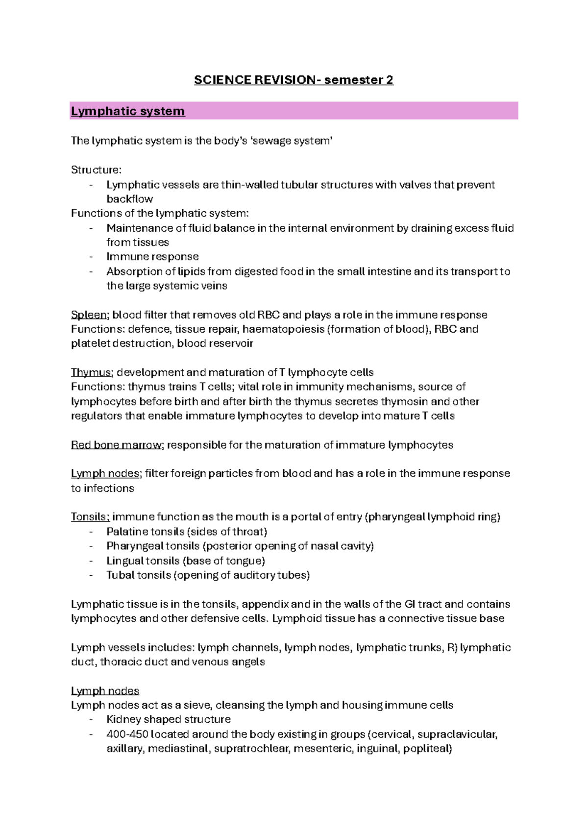 Science%20 Revision%20SEM%202 - SCIENCE REVISION- semester 2 Lymphatic ...