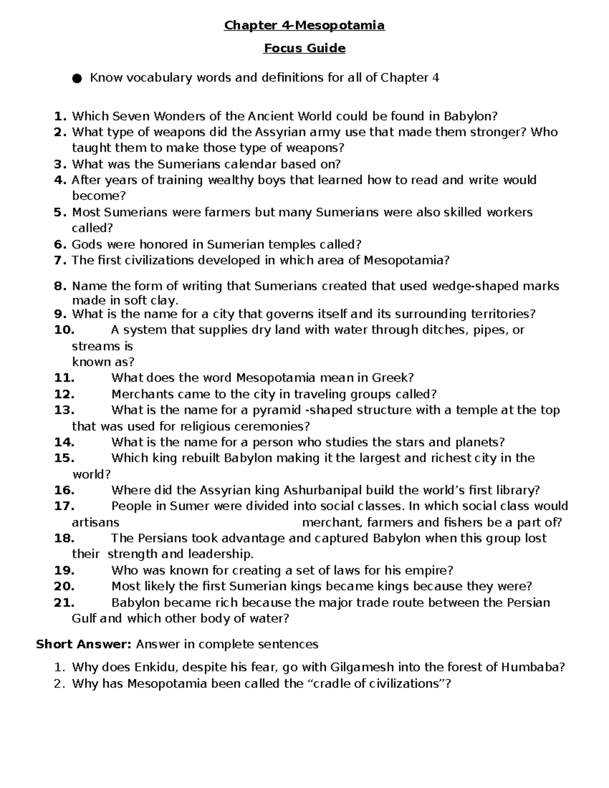 4 WH Chapter 4-Focus Guide - Chapter 4-Mesopotamia Focus Guide Know ...