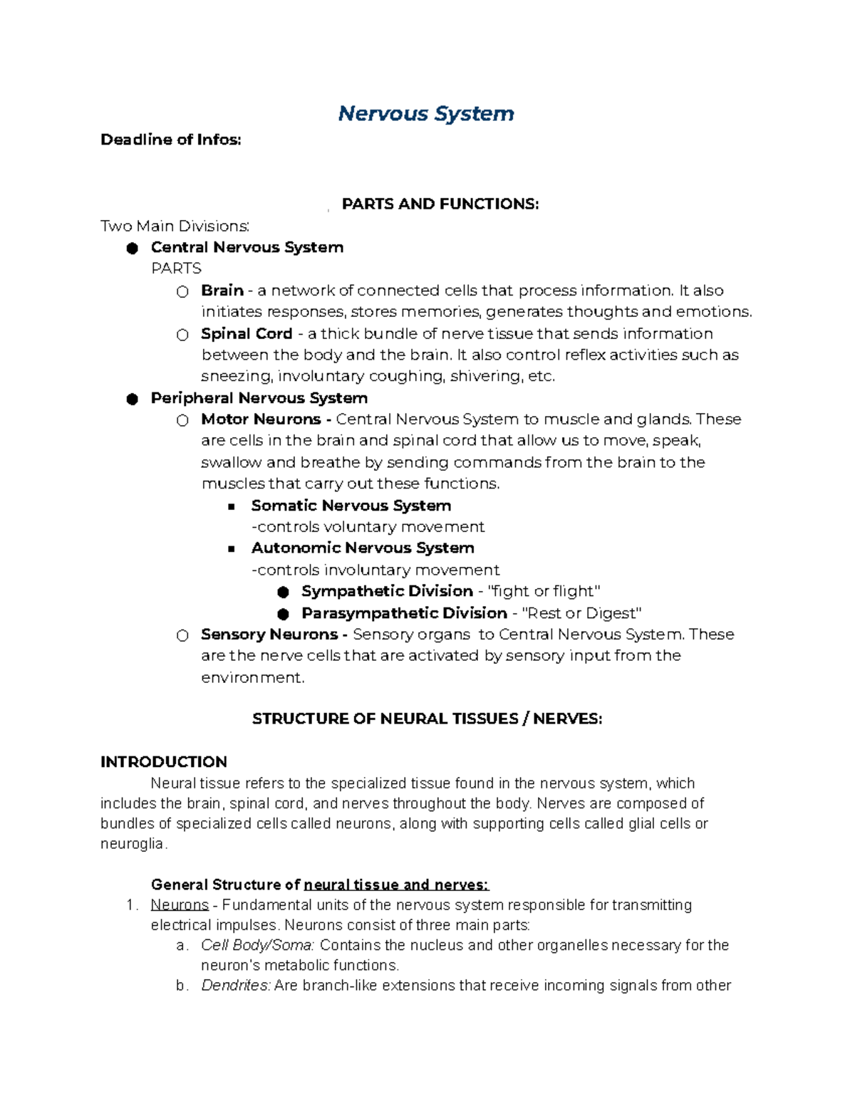 Nervous System - Structure - Nervous System Deadline of Infos: PARTS ...