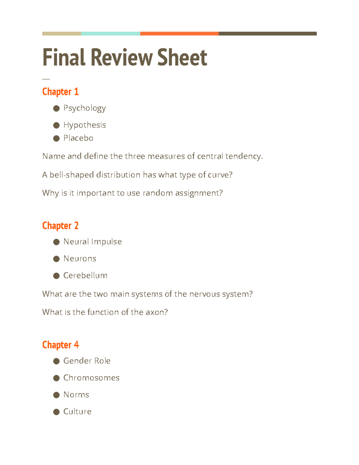Final Review Sheet - mmmmm - Final Review Sheet ─ Chapter 1 Psychology ...