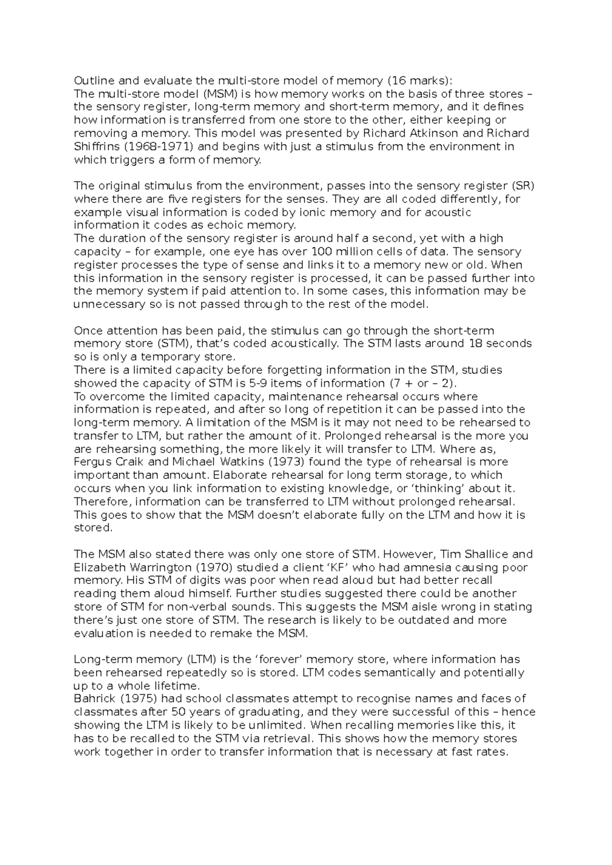 Multi store model 16 marker - Outline and evaluate the multi-store ...