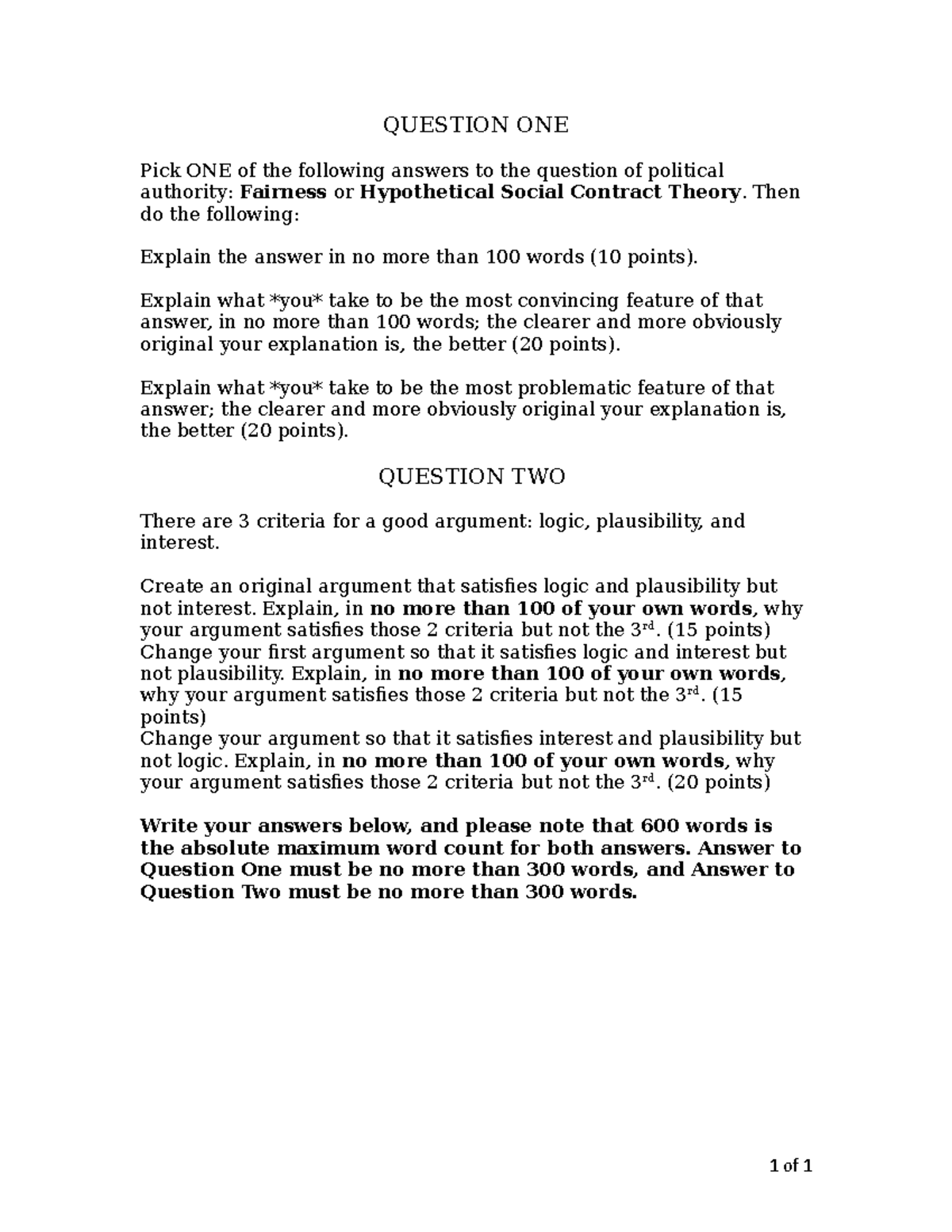 Philosophy exam questions and answers - QUESTION ONE Pick ONE of the ...