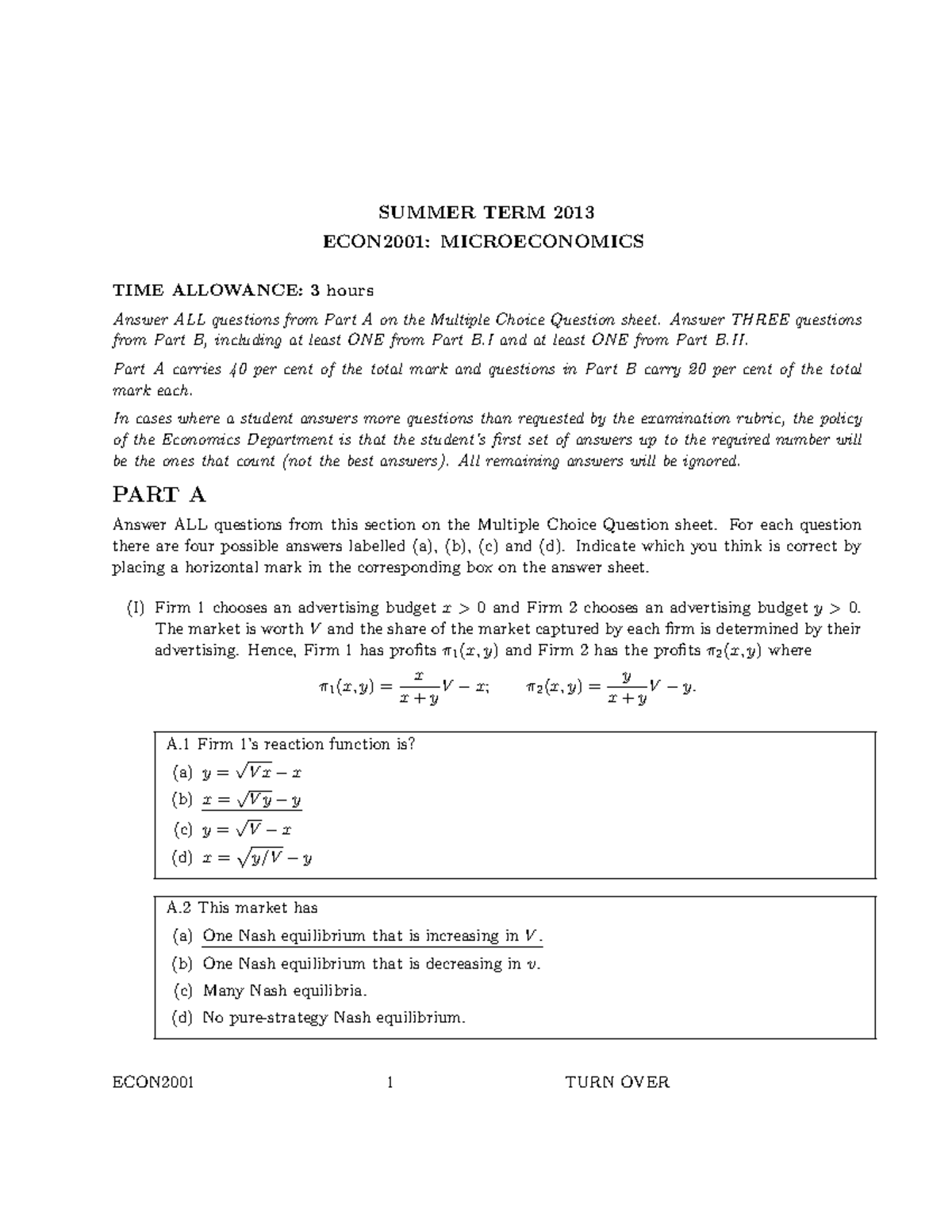 Exam May 2013, questions and answers - SUMMER TERM 2013 ECON2001 ...