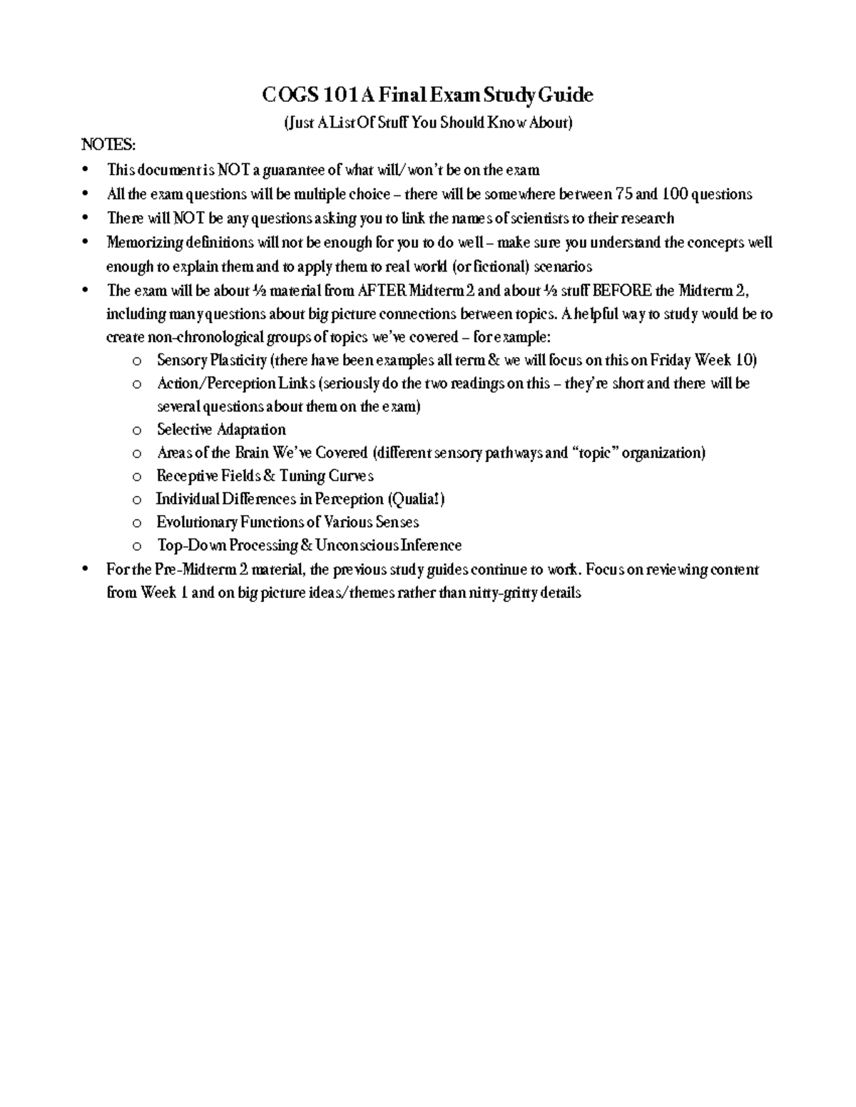 Study Guide Final - COGS 101A Final Exam Study Guide (Just A List Of ...