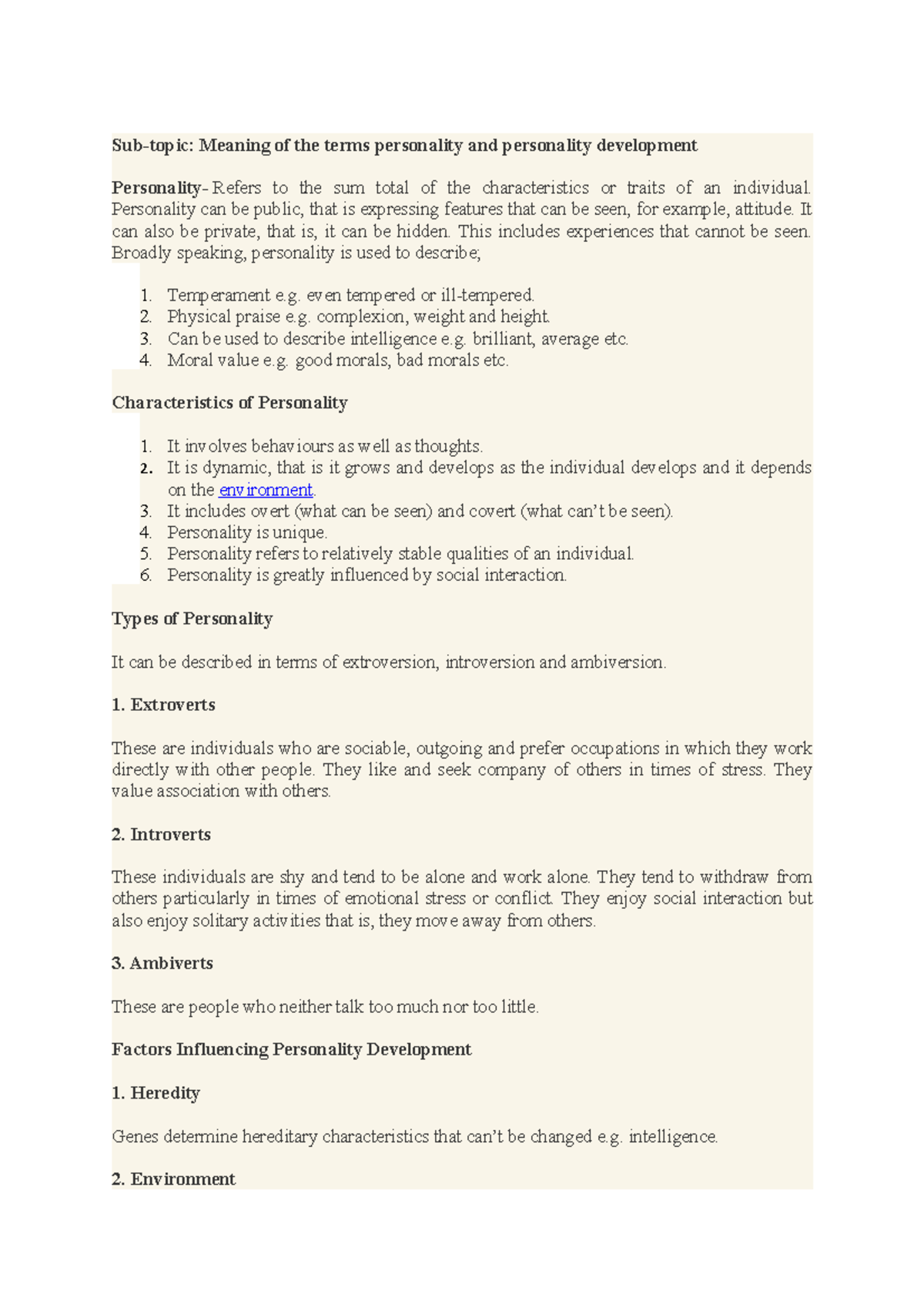 Personality notes - helpful to students - Sub-topic: Meaning of the ...