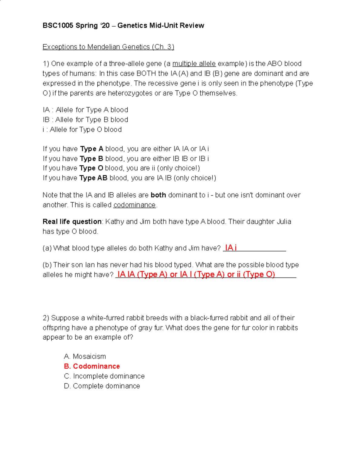 Genetics Mid-Unit Review Worksheet KEY - BSC1005 Spring ‘20 – Genetics ...
