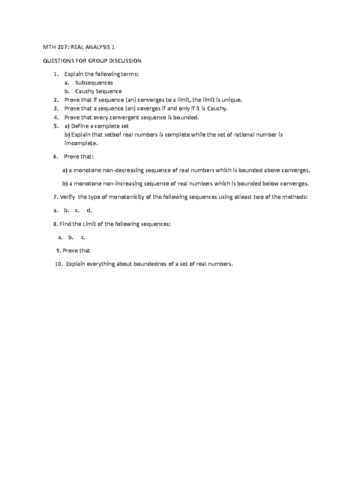 MTH 207 Stream A Group Assignment 110619 - MTH 207: REAL ANALYSIS 1 QUESTIONS FOR GROUP ...