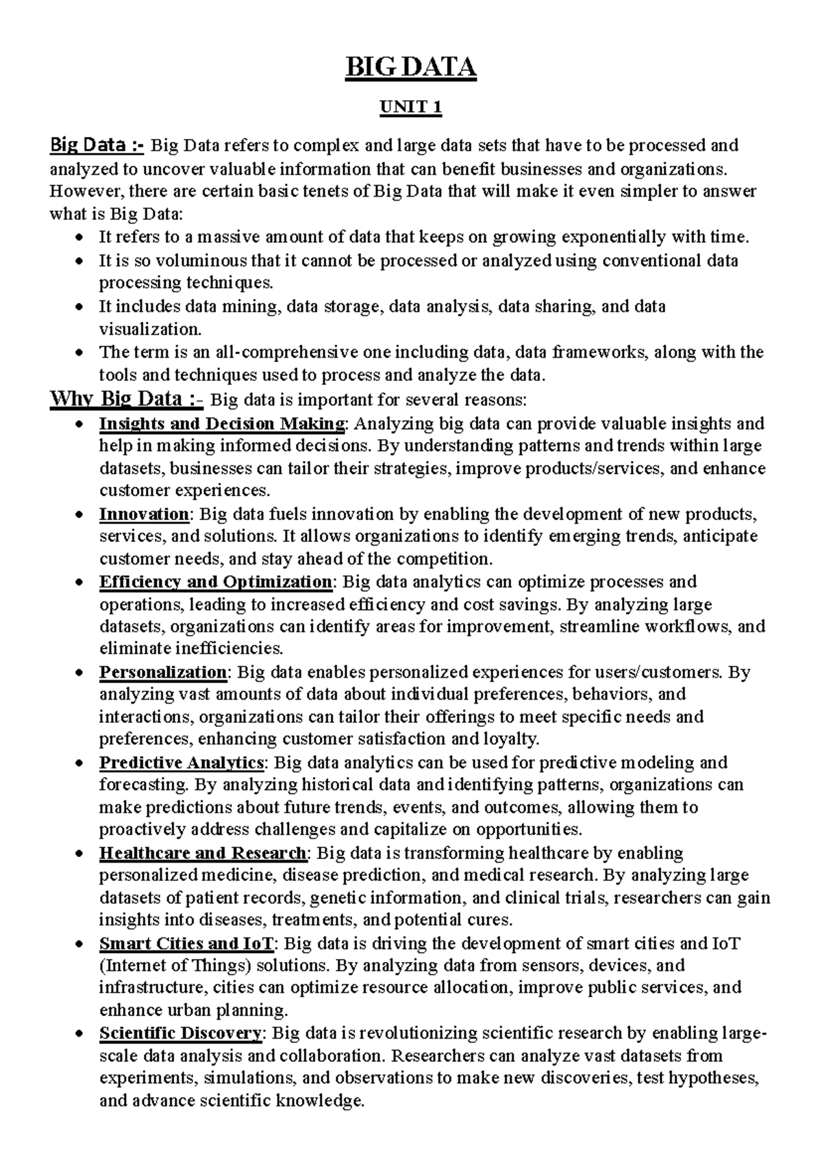 BIG DATA Personal note - BIG DATA UNIT 1 Big Data :- Big Data refers to complex and large data ...