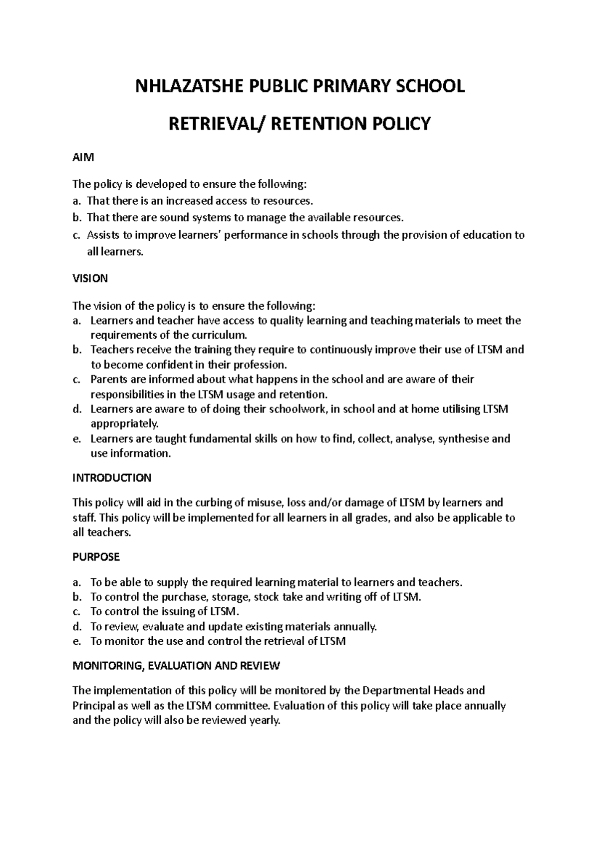 Nhlazatshe LTSM Retrival Policy - NHLAZATSHE PUBLIC PRIMARY SCHOOL ...