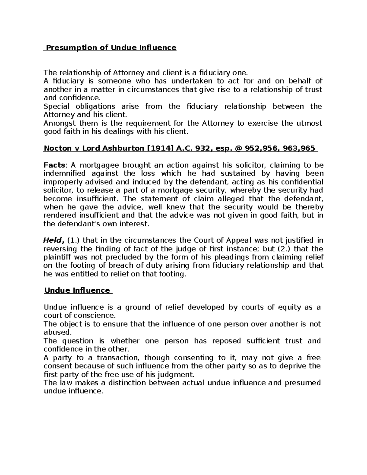 Presumption of Undue Influence Notes - Presumption of Undue Influence ...