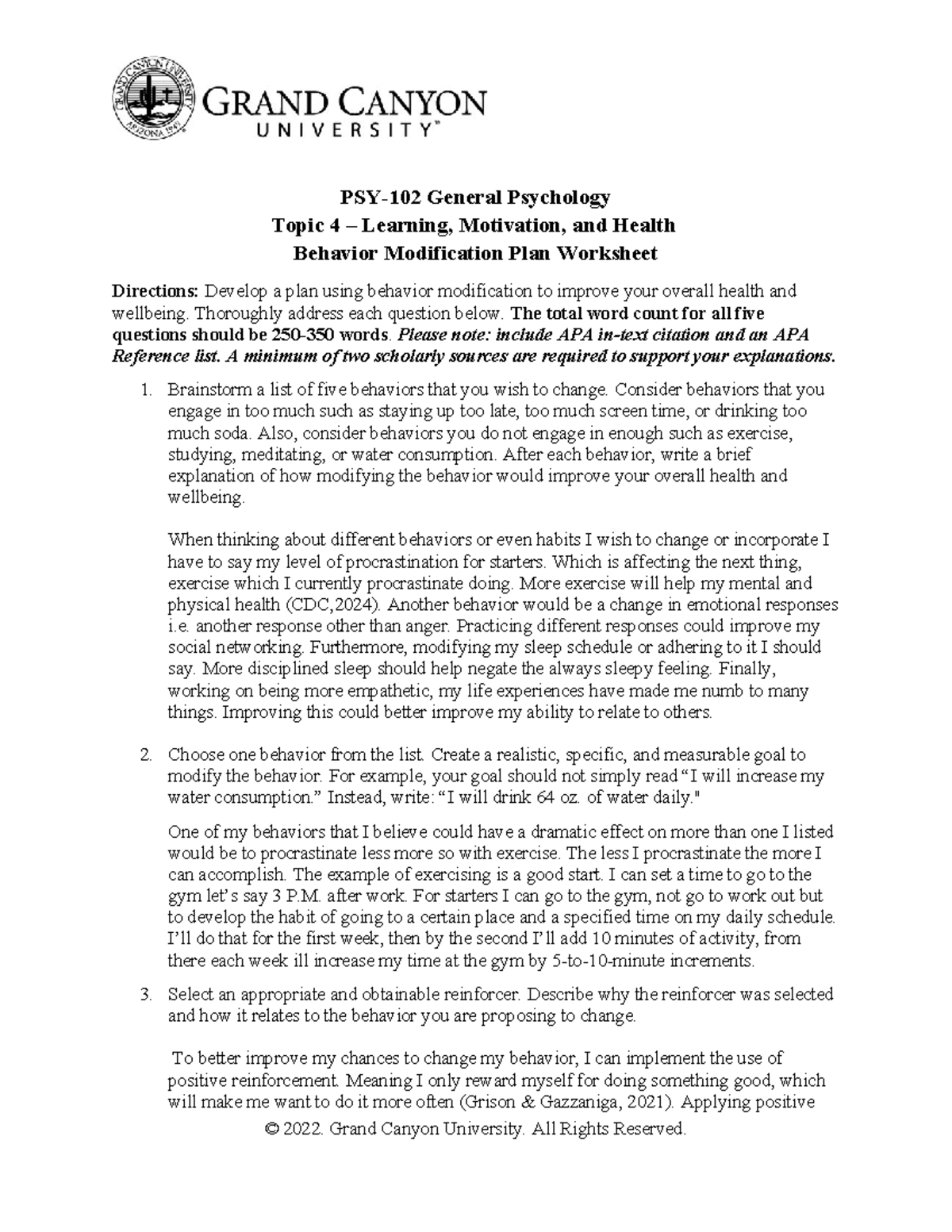 PSY 102 RS T4 Behavior Modification Plan complete - PSY-102 General ...