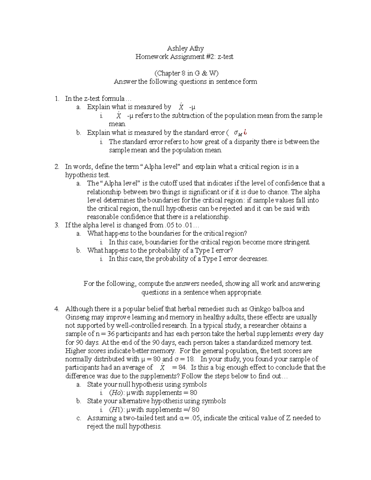 Homework 2 - Ashley Athy Homework Assignment #2: z-test (Chapter 8 in G ...