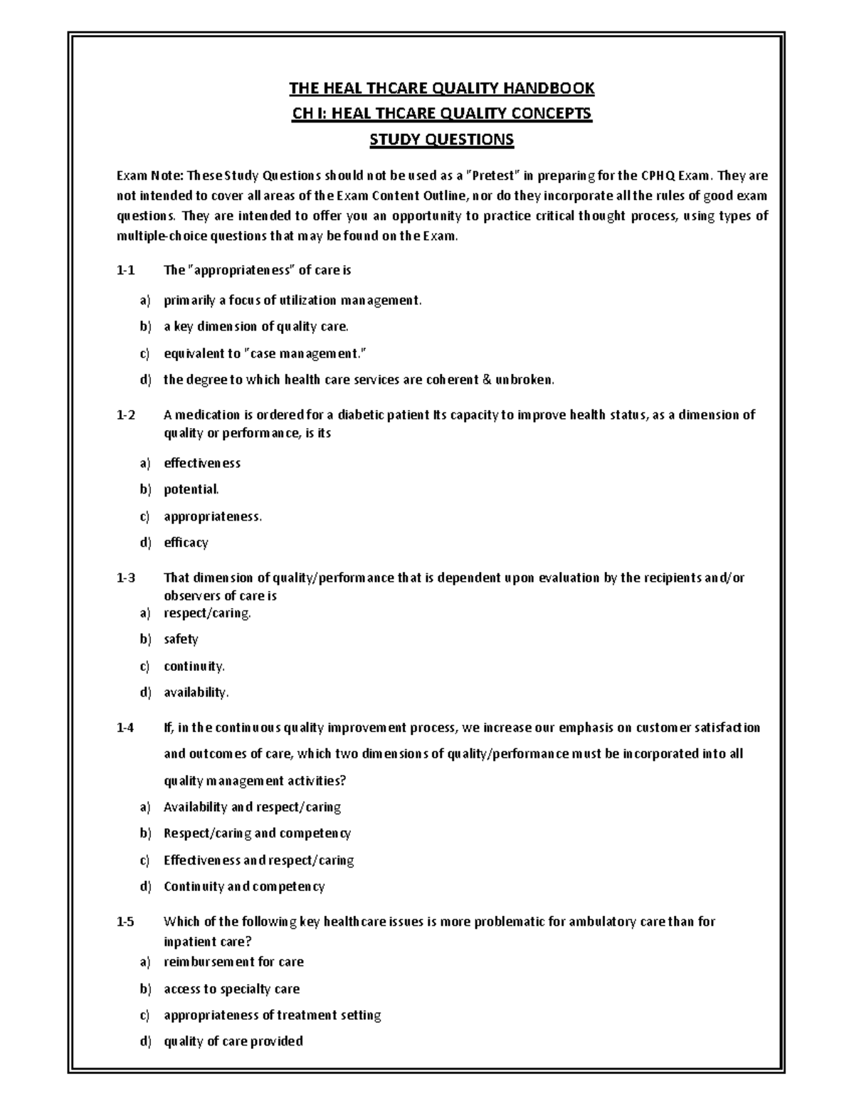 Healthcare Quality Concept Chapter 1 - Questions - THE HEAL THCARE ...
