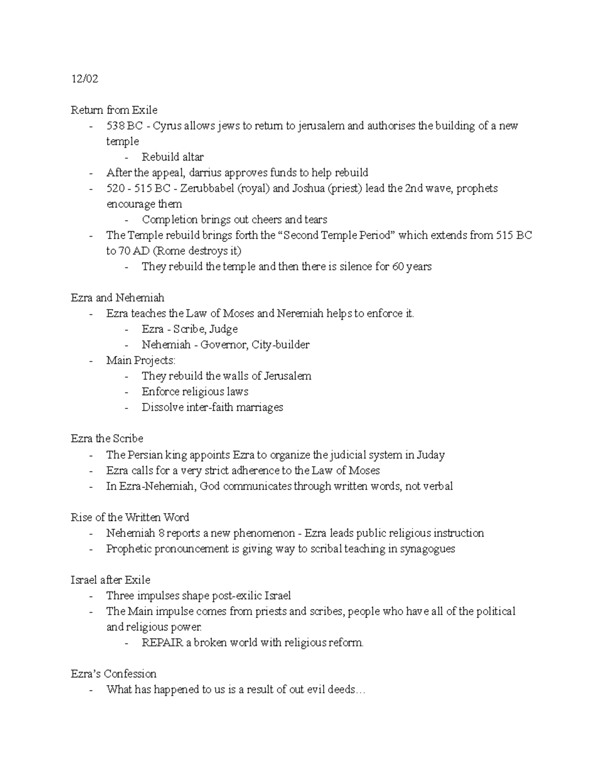REL102 - 12/02 Lecture Notes - 12/ Return from Exile - 538 BC - Cyrus ...