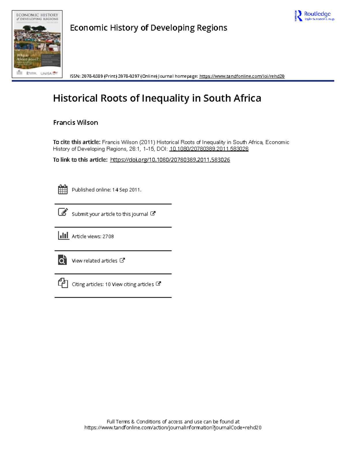 Wilson 2011 Historical Roots of Inequality in South Africa - 1080/ ...