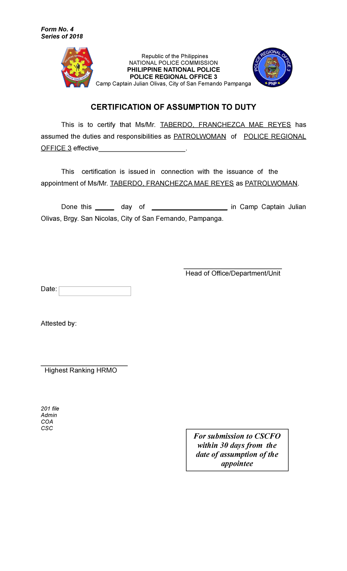 Certificate of assumption to duty for reemployment legal size - Form No ...