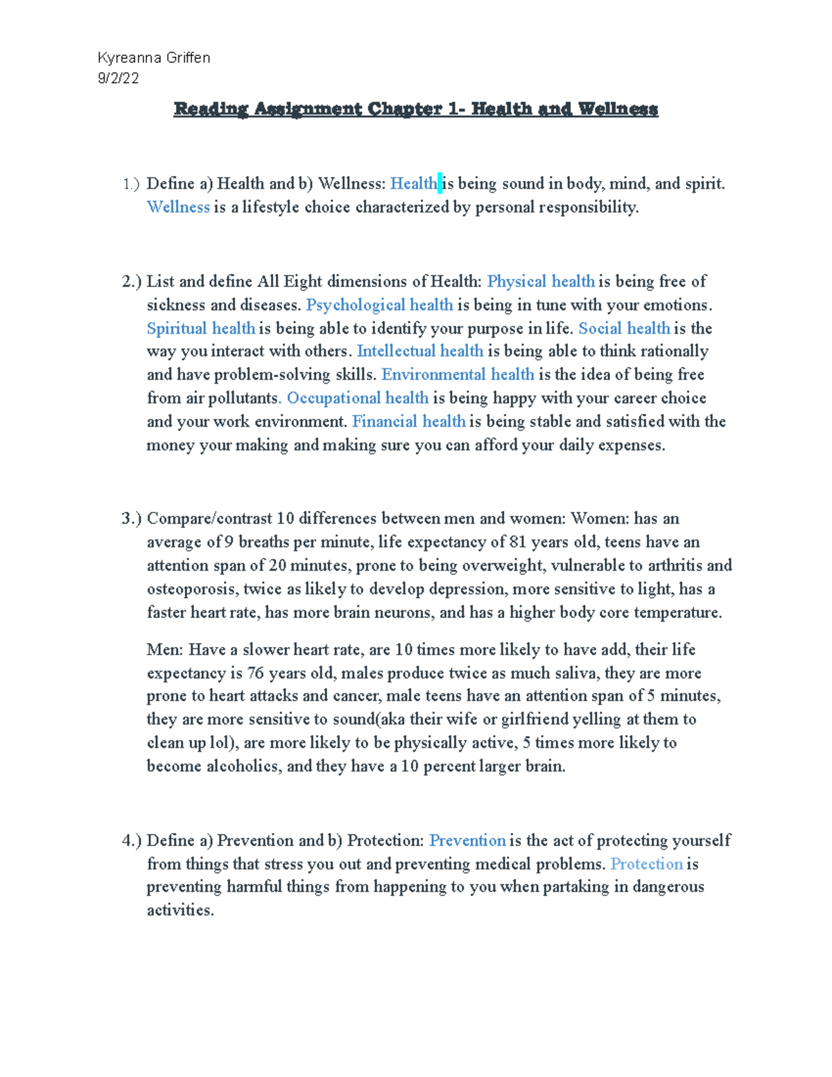 Reading Assignment Chapter 1- Health and Wellness - Kyreanna Griffen 9 ...