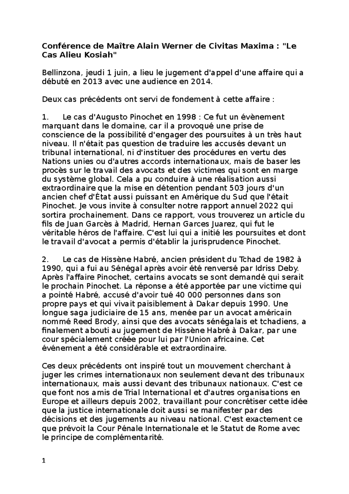Conférence de Maître Alain Werner de Civitas Maxima - Conférence de ...