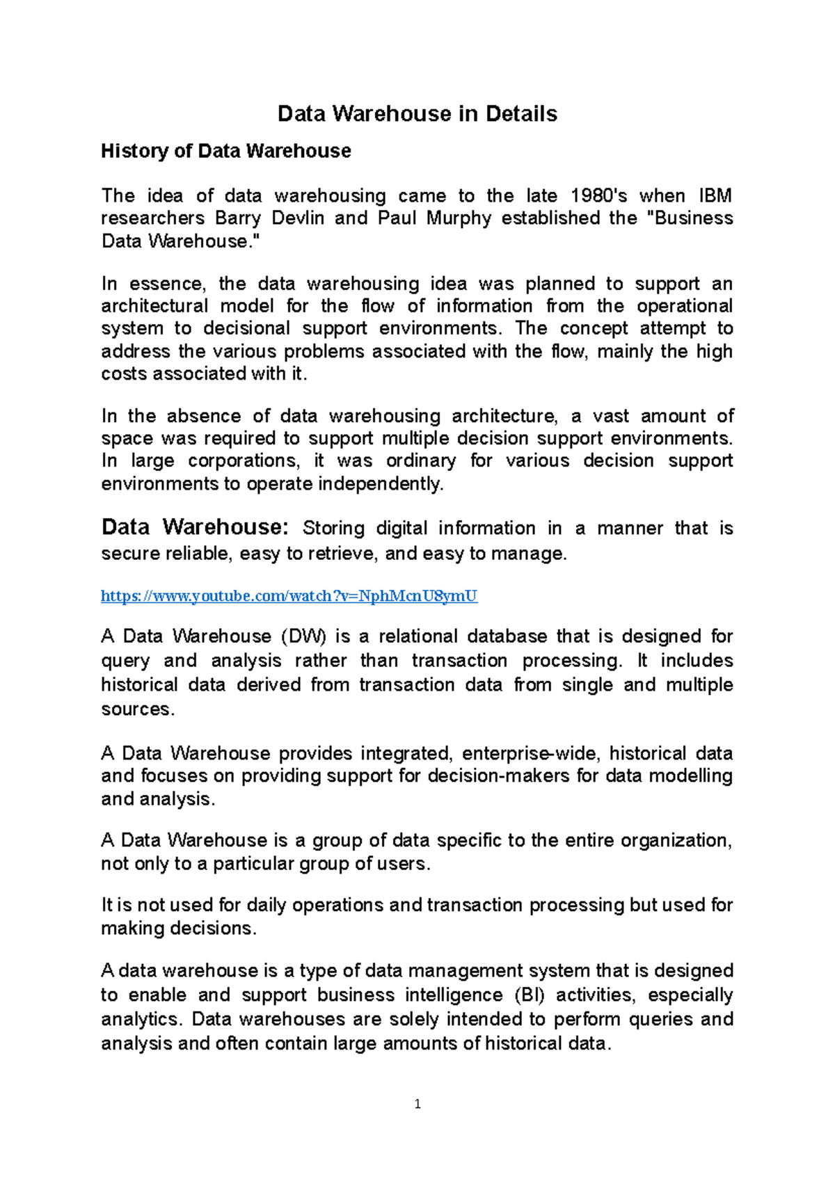 Data Warehouse unit 1 - Data Warehouse in Details History of Data ...