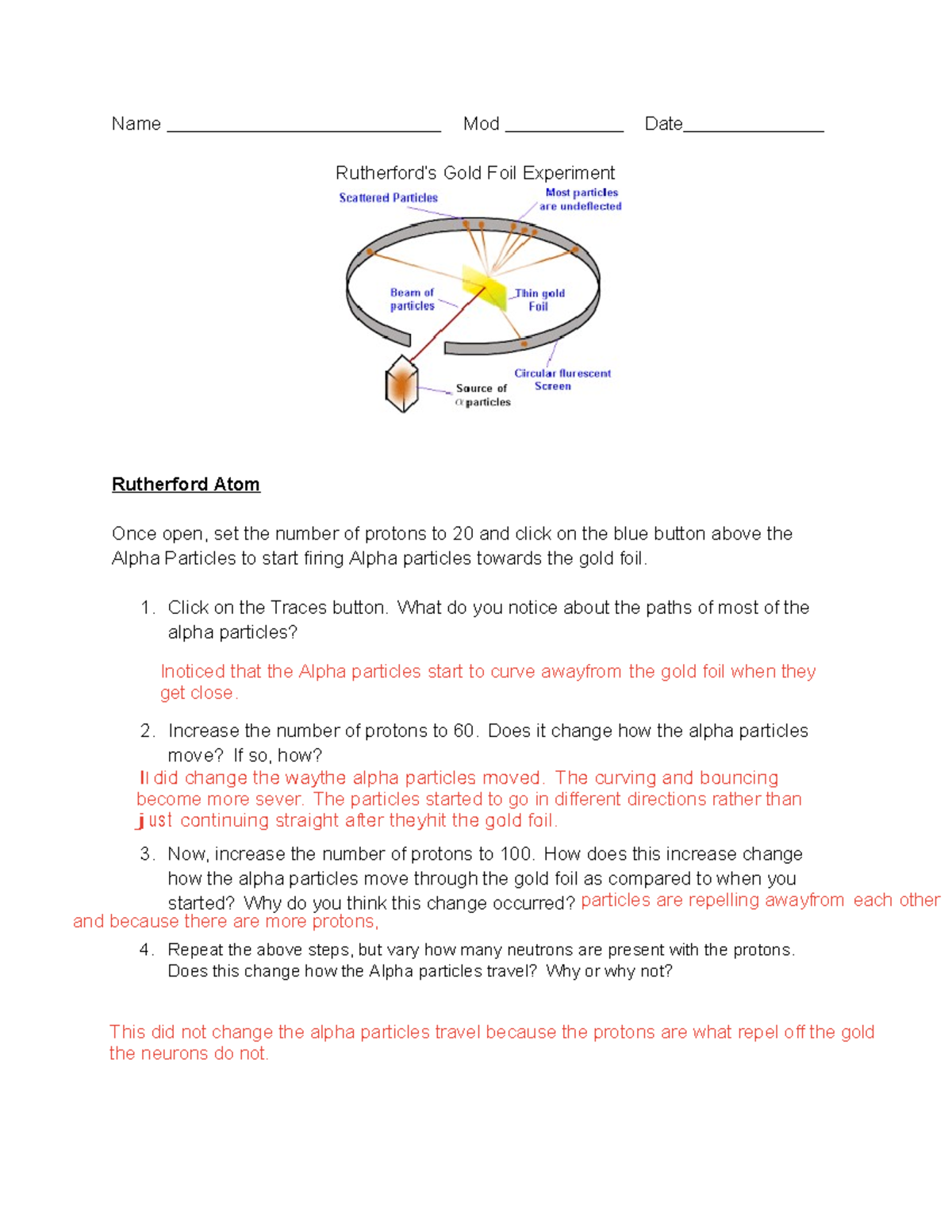 Rutherfords experiment Finished - Name Mod Date Rutherford’s Gold Foil ...